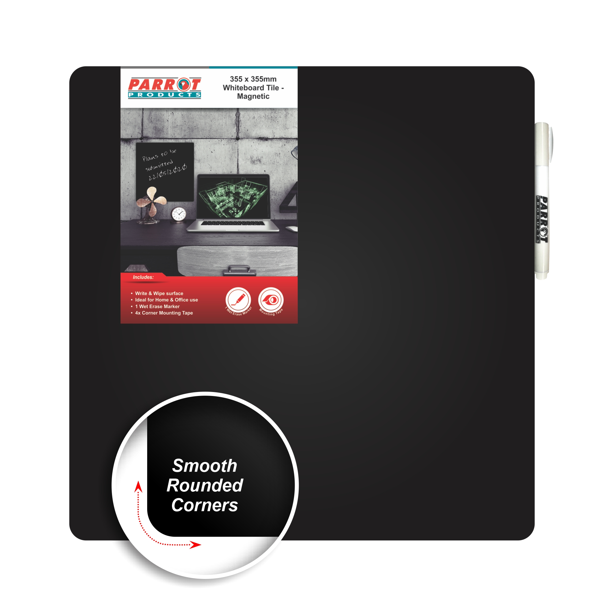 Magnetic Whiteboard Tile (355*355mm, Black)